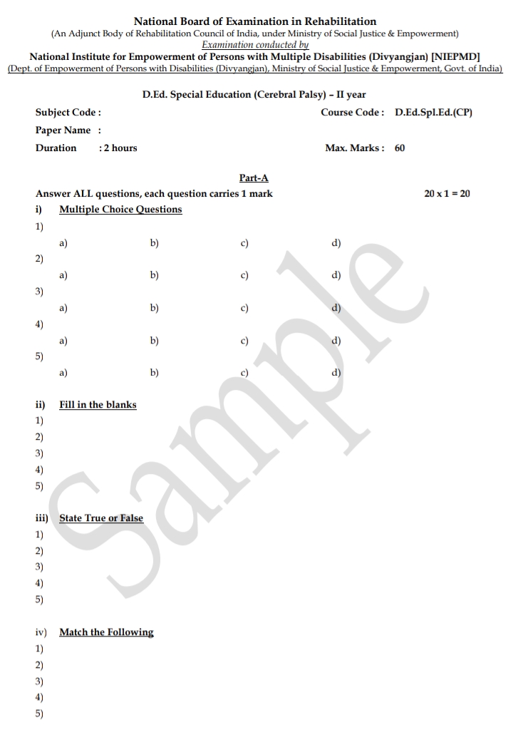 Sample Question Paper Pattern for D.Ed.Spl.Ed.(CP)