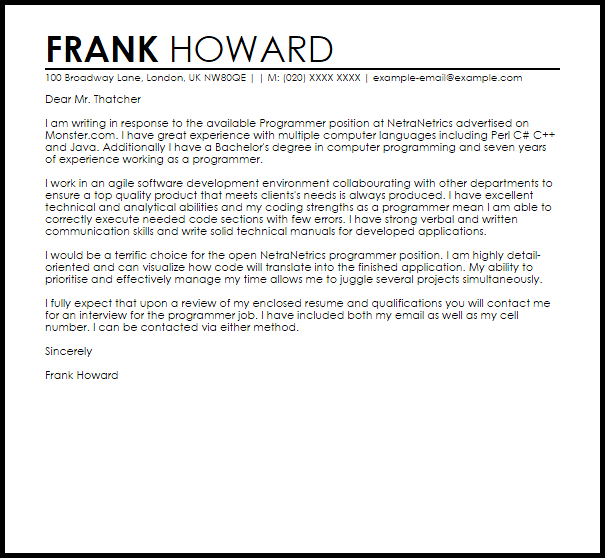 Cover Letter For Programmer Sample Letter Cover Letter For Programmer Sample Letter