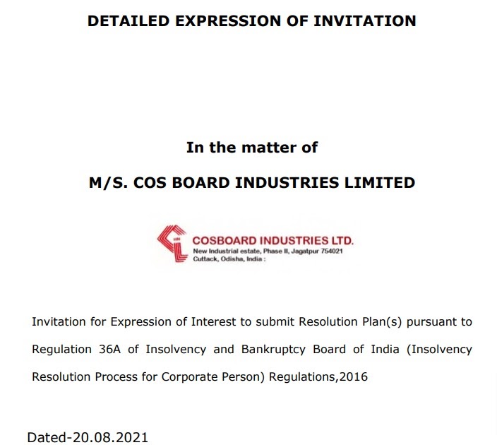 COSBOARD INDUSTRIES LTD.: Detailed Expression Of Invitation 20.08.2021