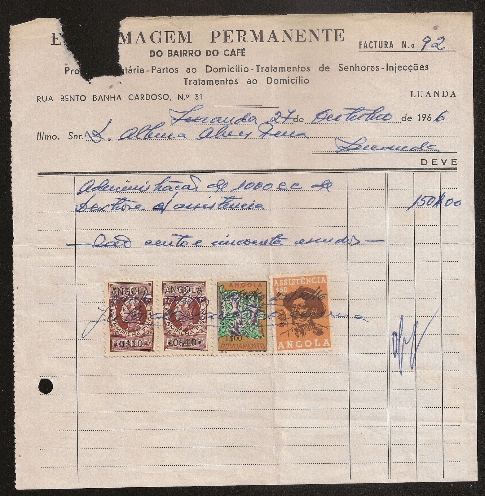 O Sótão dos Colecionadores: FACTURA - ANGOLA DA ENFERMAGEM PERMANENTE.
