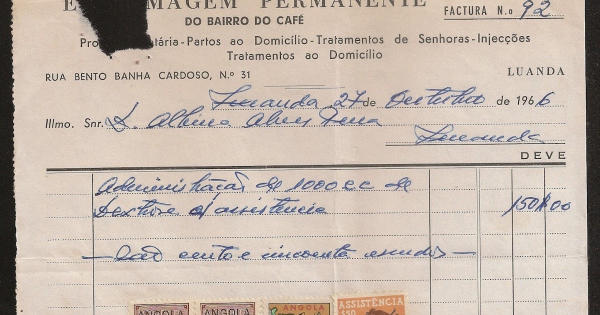 O Sótão dos Colecionadores: FACTURA - ANGOLA DA ENFERMAGEM PERMANENTE.