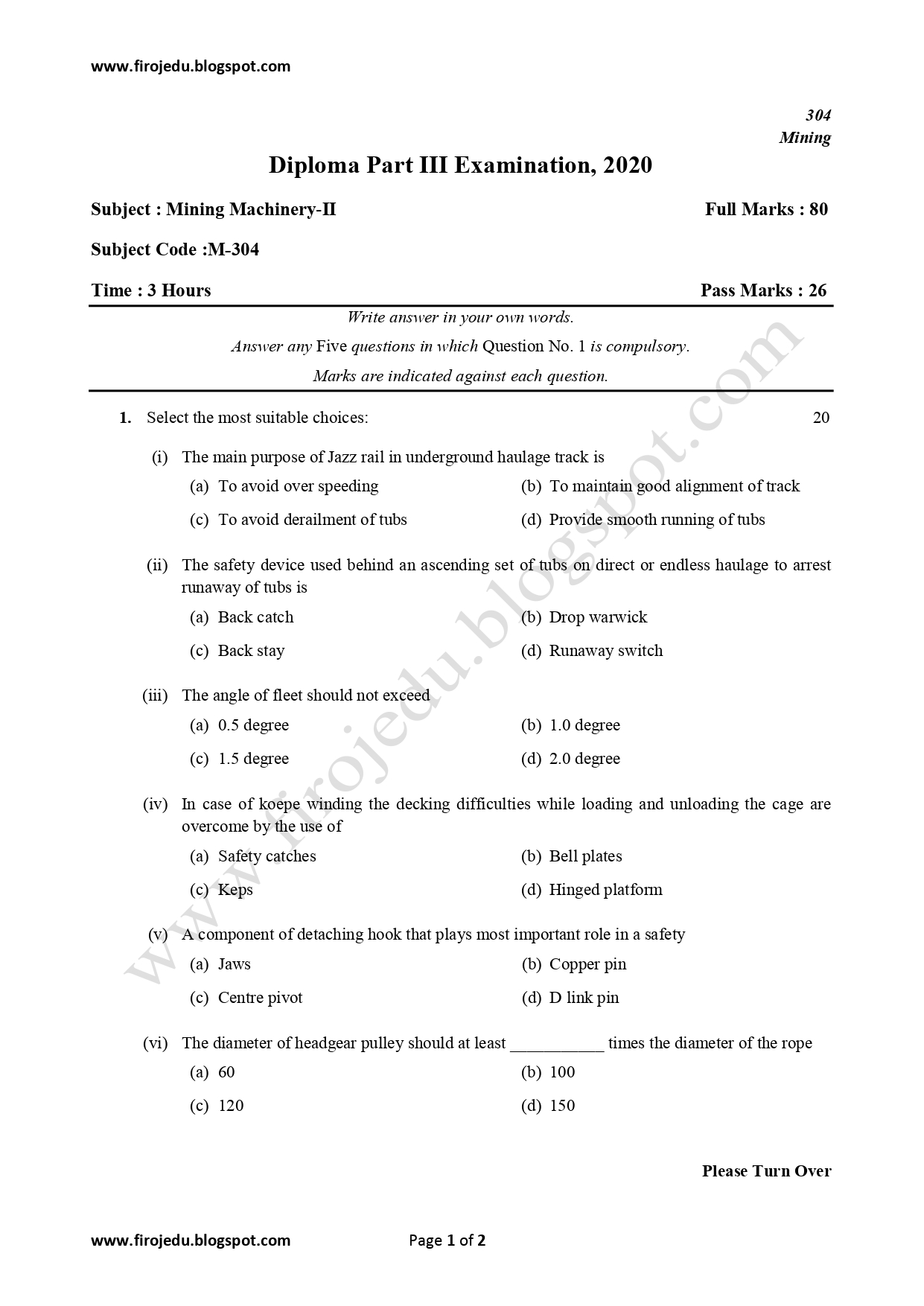 Mining Machinery-II - 3rd Year Mining (2020_Exam - Question_Paper ...