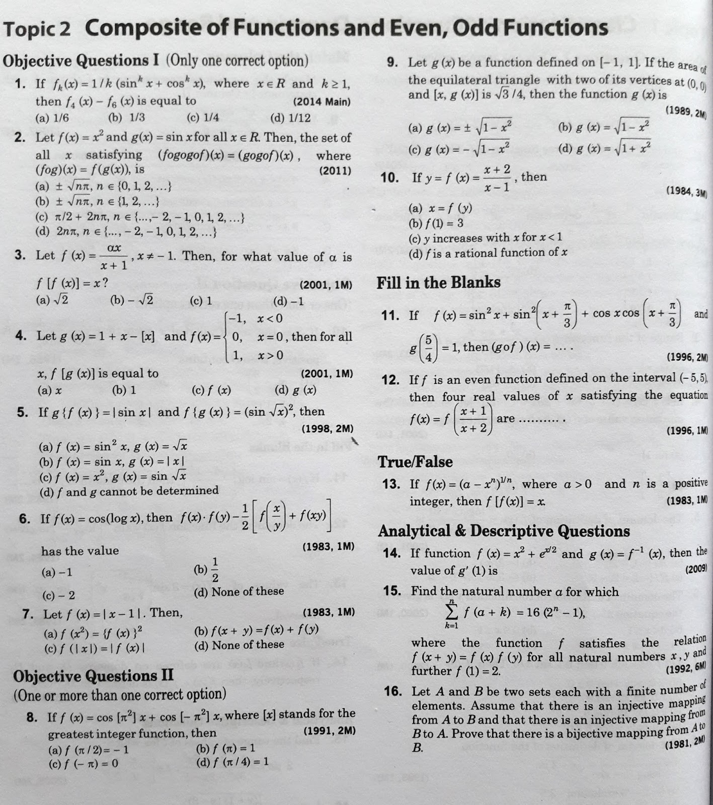 Functions JEE Advanced 38 Year Previous Year Questions Free PDF ...