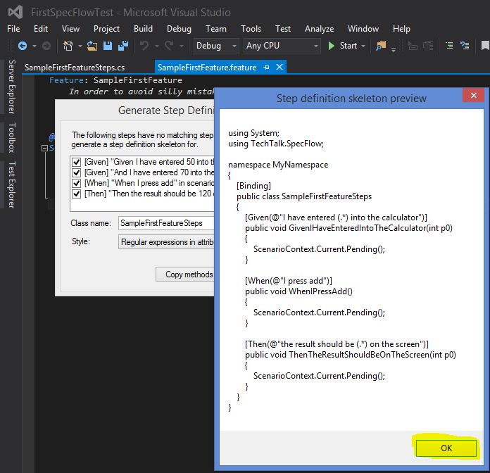 C# Visual Studio - SpecFlow Step Definition file | Automation Home