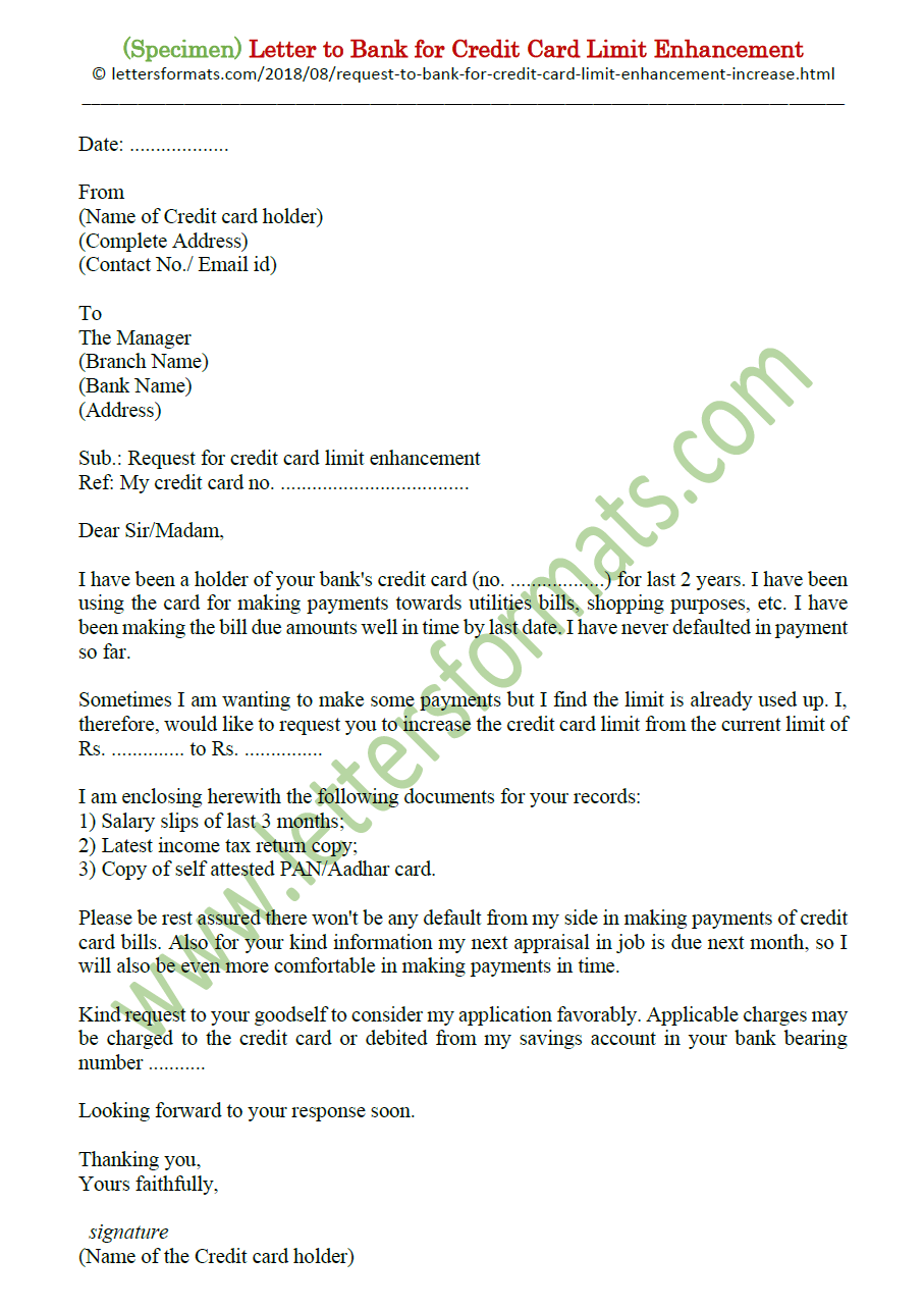 Draft Letter To Bank For Credit Card Limit Enhancement Increase Draft Letter To Bank For Credit Card Limit Enhancement Increase