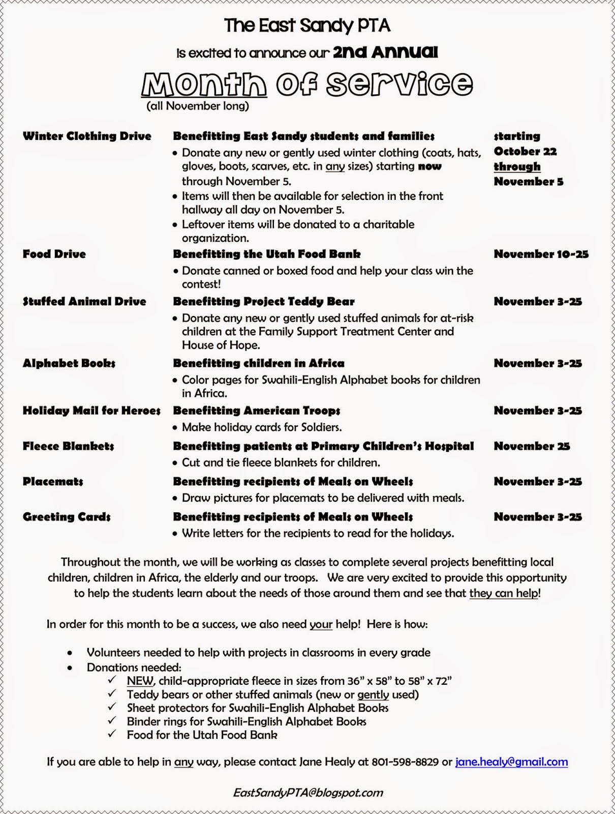 EAST SANDY PTA: 2nd Annual Month of Service