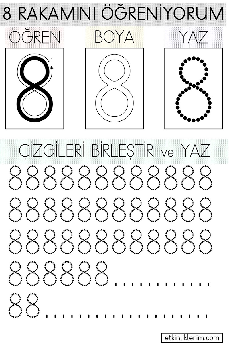 8 Rakamını Öğreniyorum Okul Öncesi Çalışma Sayfası – Etkinliklerim.com