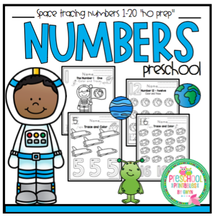 Number Trace Space Theme 1-20 "No Prep" ~ Preschool Printables