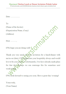 Decline Lunch Dinner Party Business Invitation Letter Sample