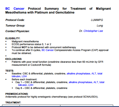 Cancer Protocol Summary for Treatment of Malignant Mesothelioma