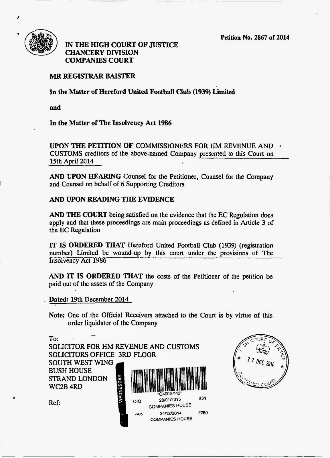 Bulls News: HUFC Winding Up Notice