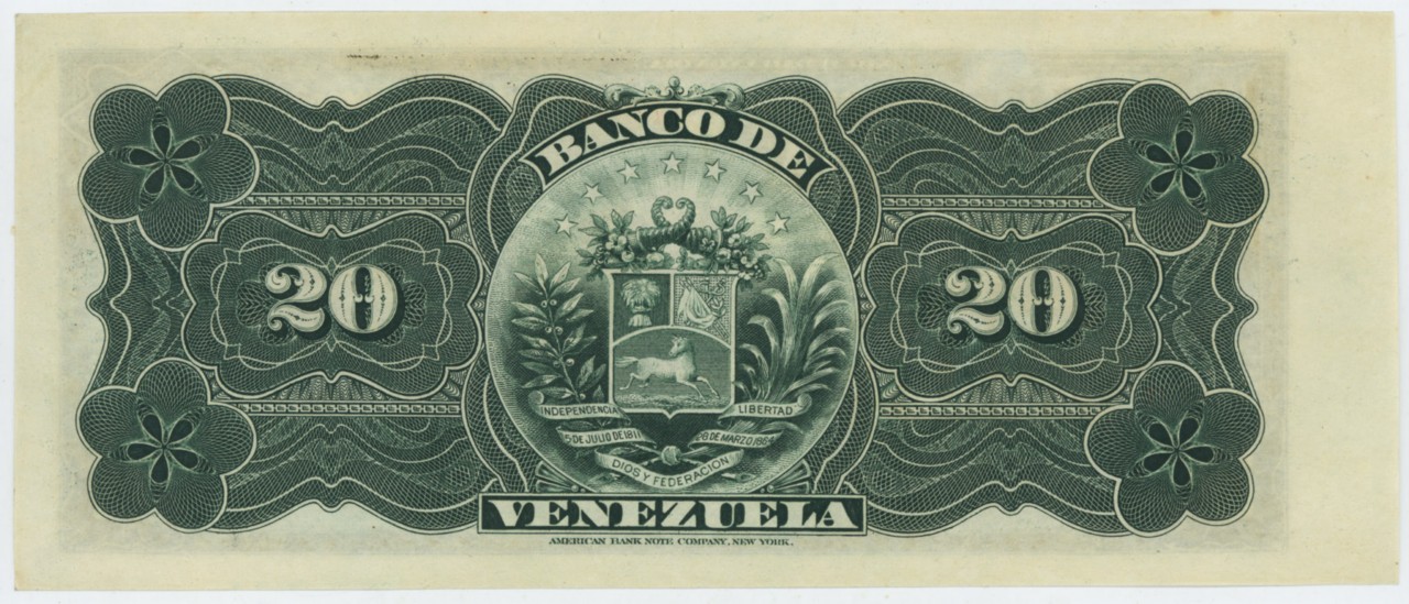 Venezuela currency 20 Bolivares banknote 1910 Banco de Venezuela|World ...