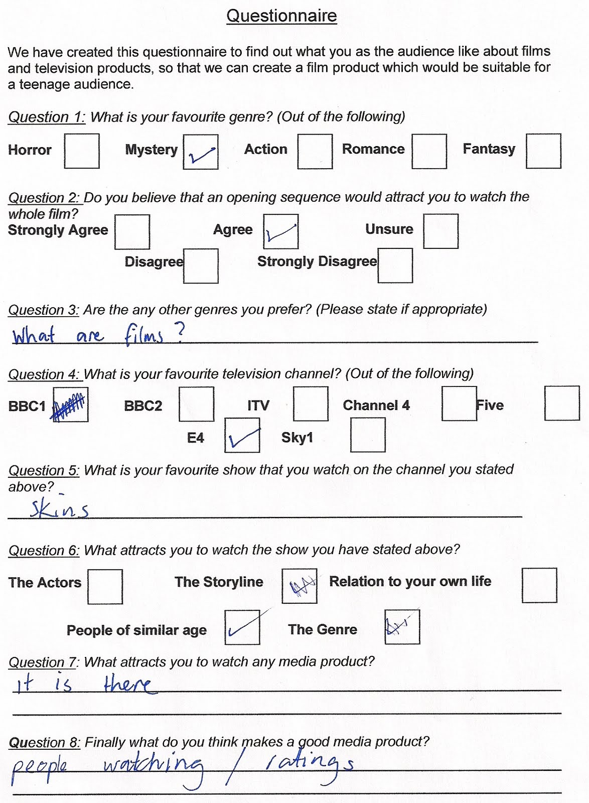 Kym's Media AS Coursework: Questionnaire Research