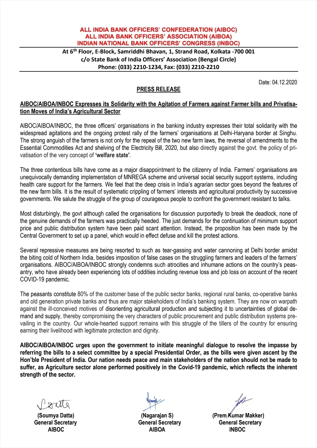 Press Release: AIBOC-AIBOA-INBOC supports Farmers Agitation against ...