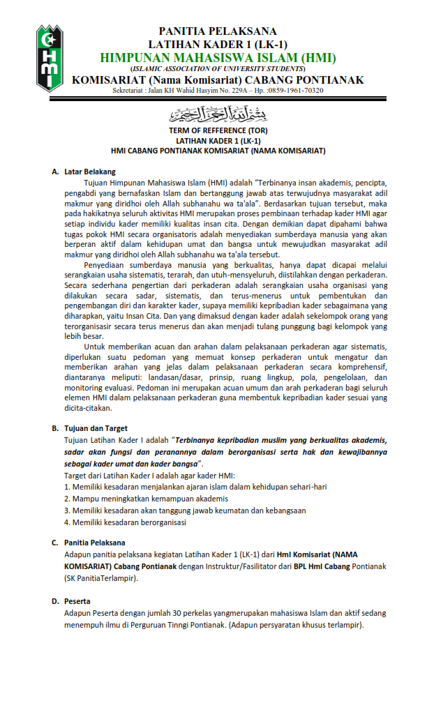 Contoh Term of Refference(TOR) Latihan Kader 1 HmI Cabang Pontianak ...