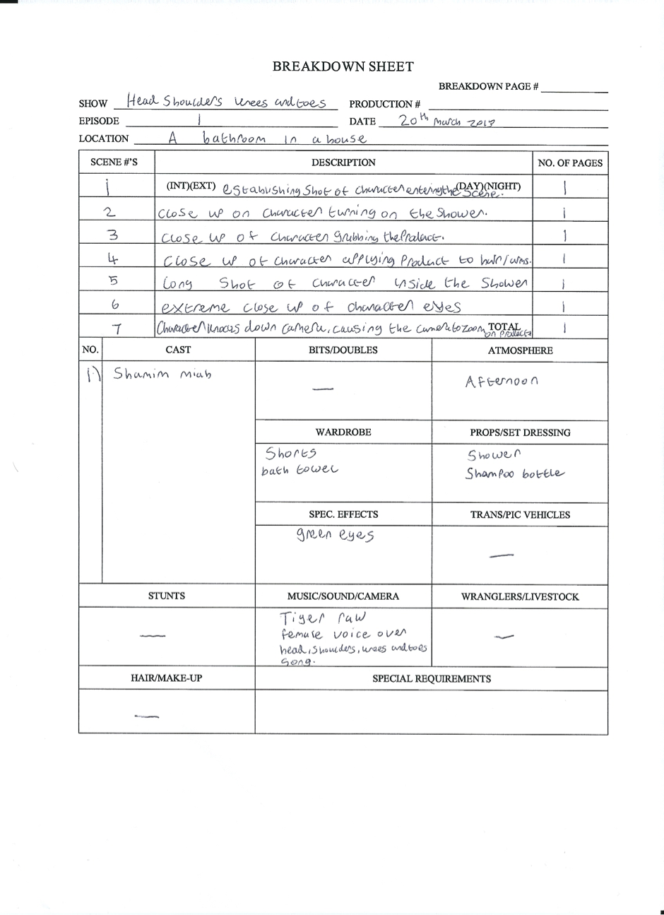 Unit 30: Advertising Production For Television : LO3: Breakdown sheet