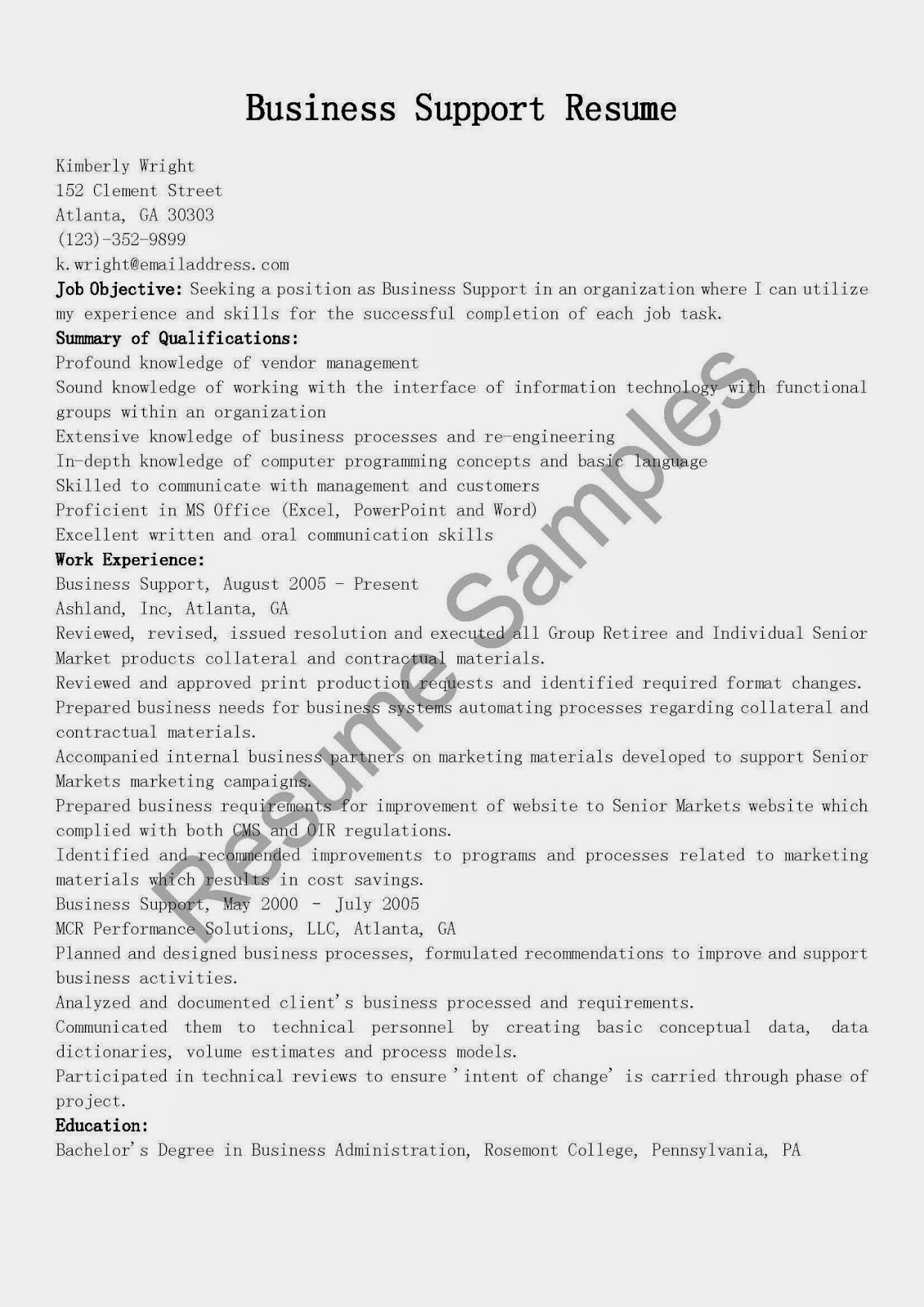 Resume Samples: Business Support Resume Sample