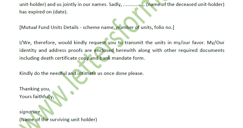 Write Letters online: Request Letter for Transmission of Mutual Fund ...