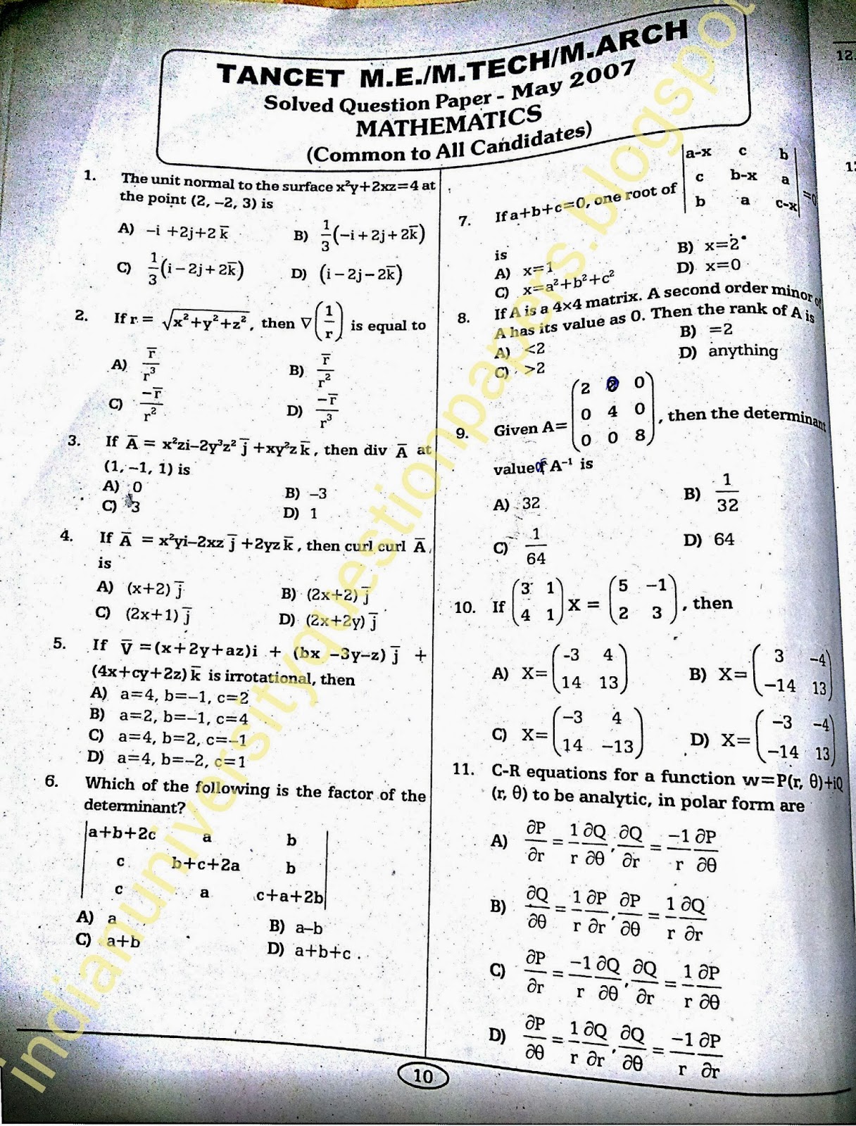 Anna University TANCET-2007 solved question paper for M.E/M.Tech/M.Arch ...