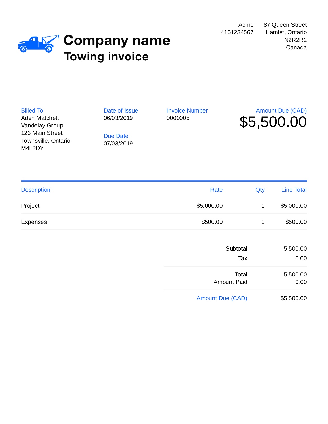 Towing Invoices - Invoice Template