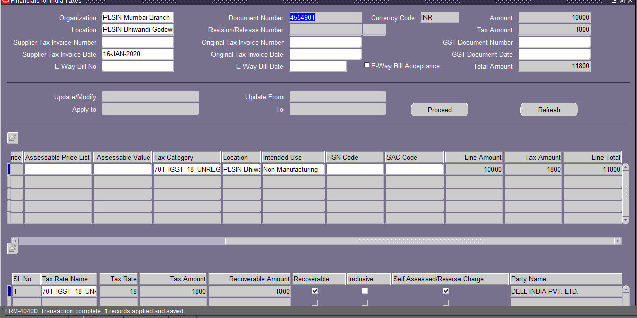 Invoice with RCM Taxes in Oracle R12