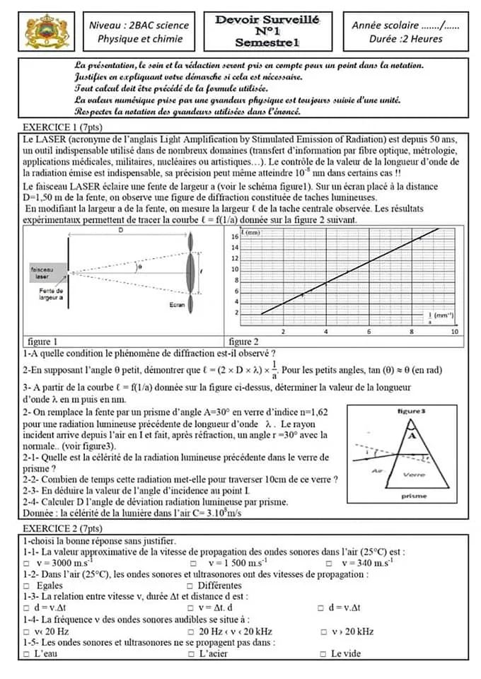 controle 1 physique-chimie semestre 1 2bac international