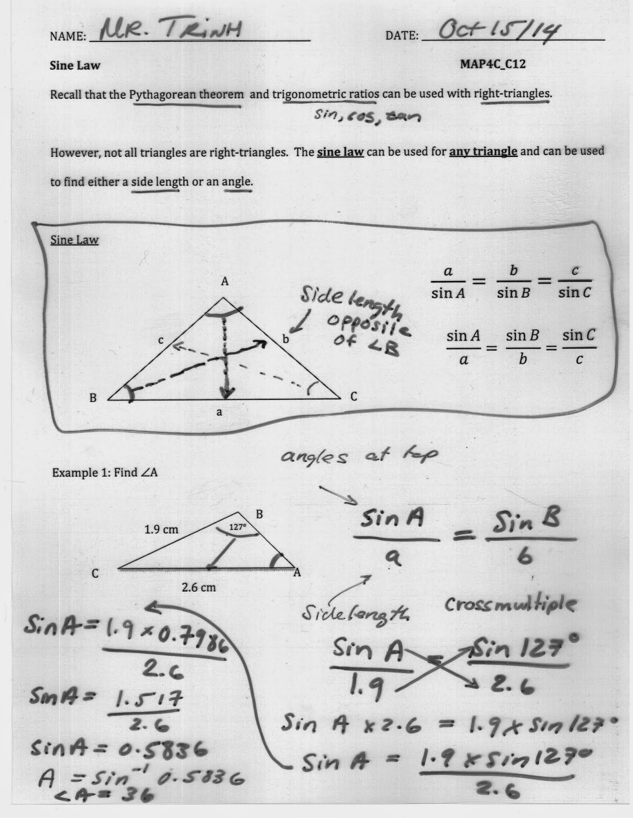 Grade 12 College Math: Sine Law