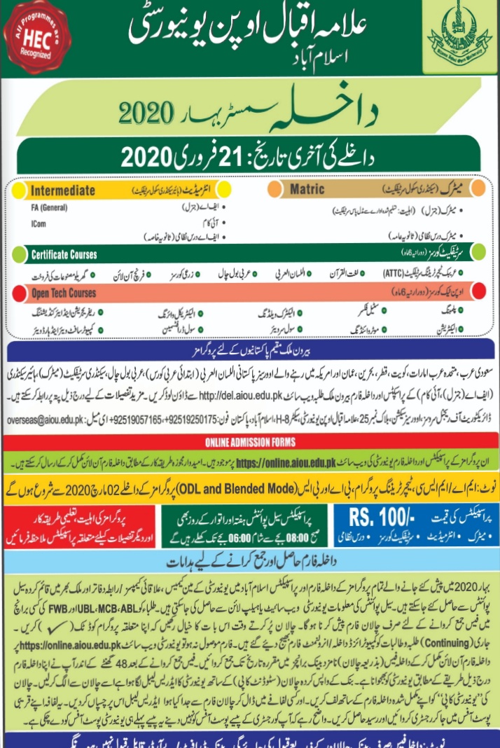 Every Information: Allama Iqbal Open University (Aiou) Islamabad Admission