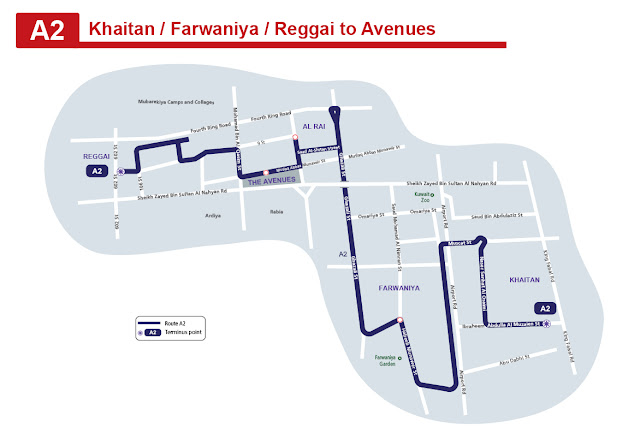 Kuwait City Bus Route A2 (Khaithan-Farwaniya-Reggai to Avenues ...