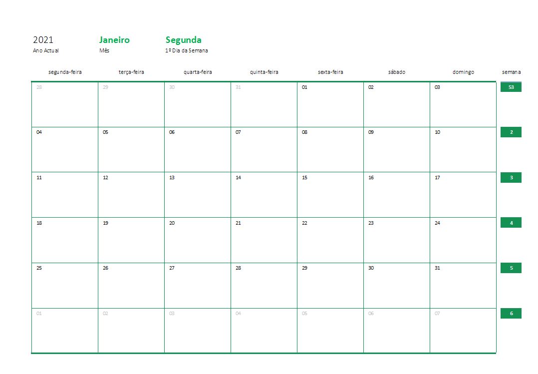 Calendário com visão de um mês e impressão em folha A4 - Excel Tuga ...