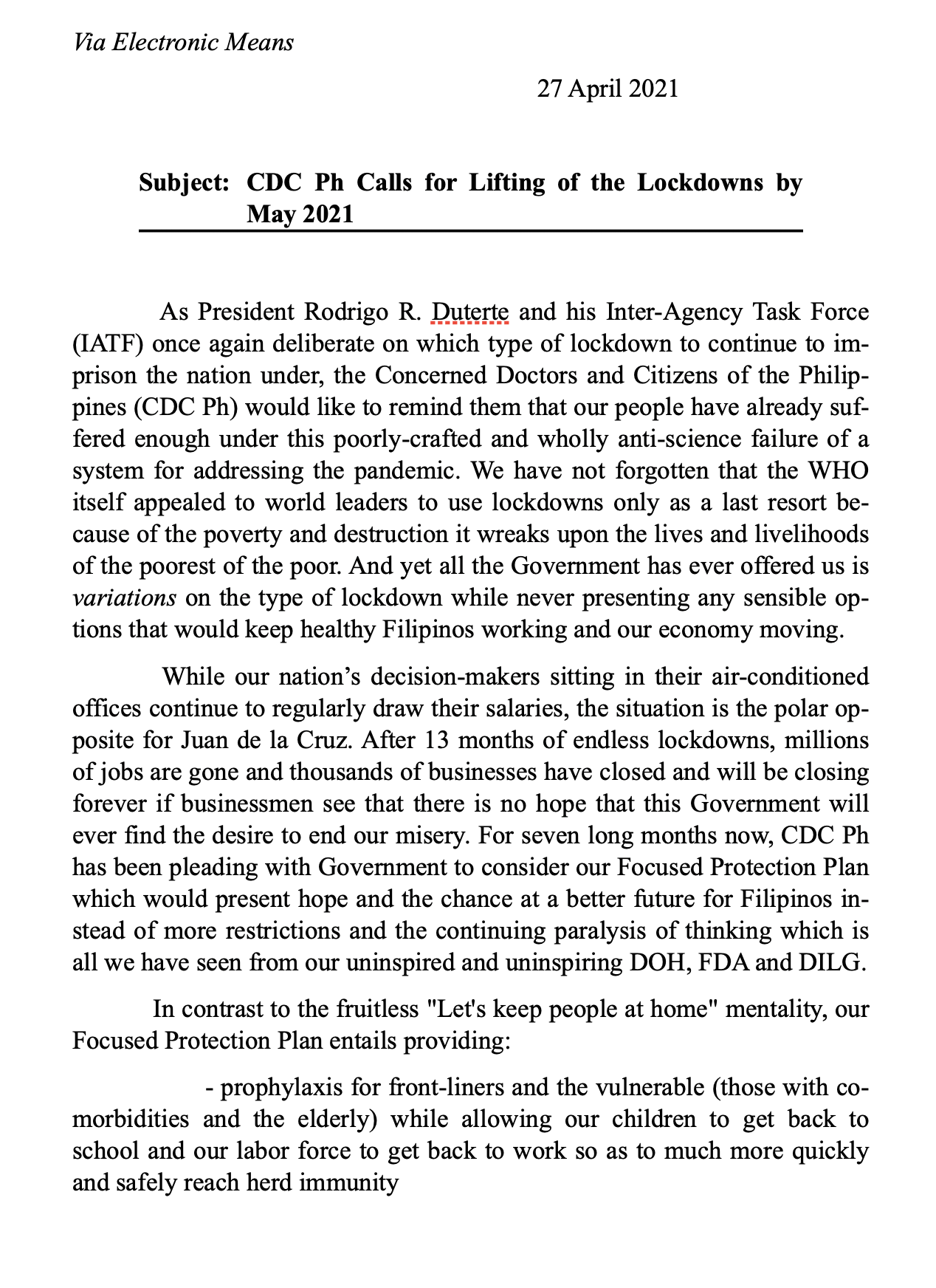 Government and Taxes: Covid 33, CDC PH statement on lifting the lockdown