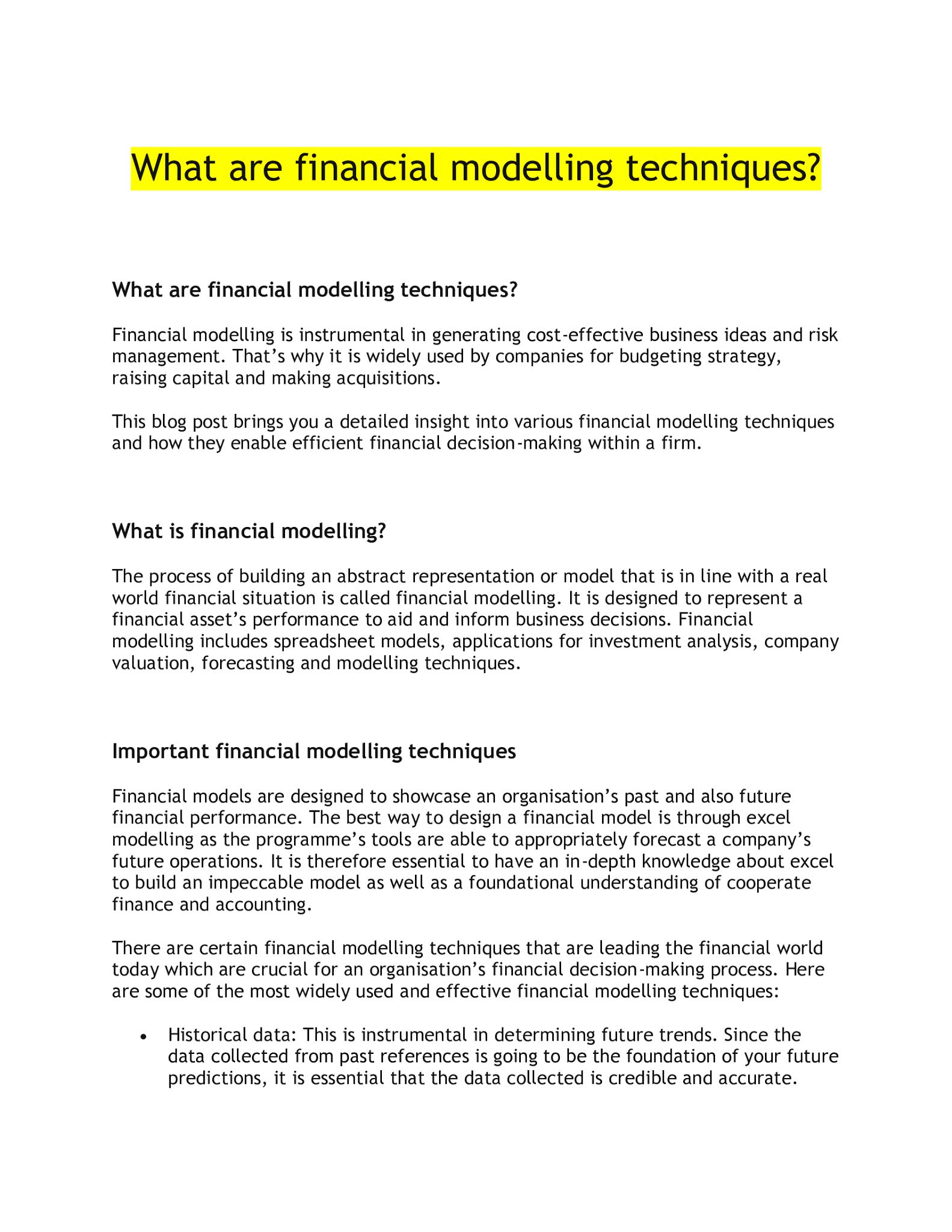 Financial Modelling techniques