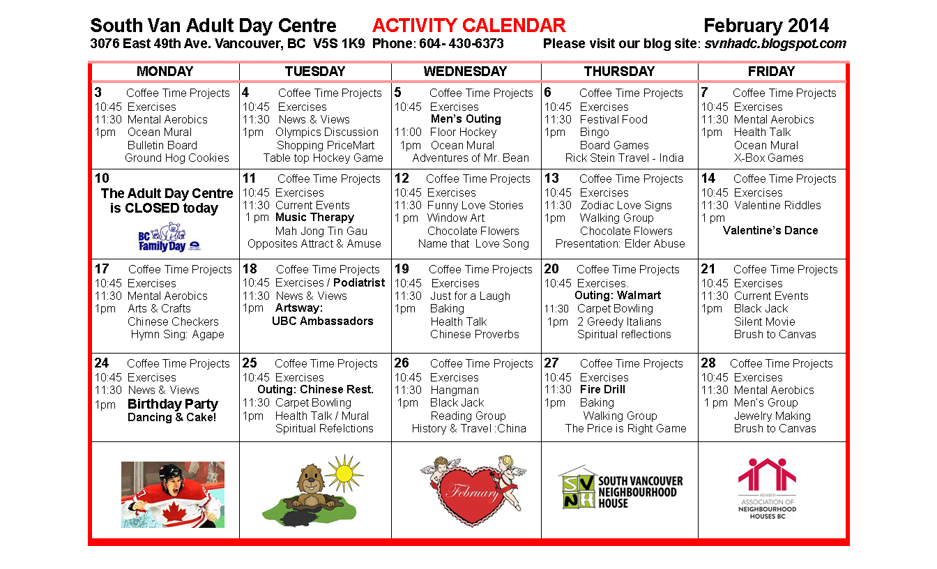 South Vancouver and Beulah Adult Day Programs: February Calendars for ...