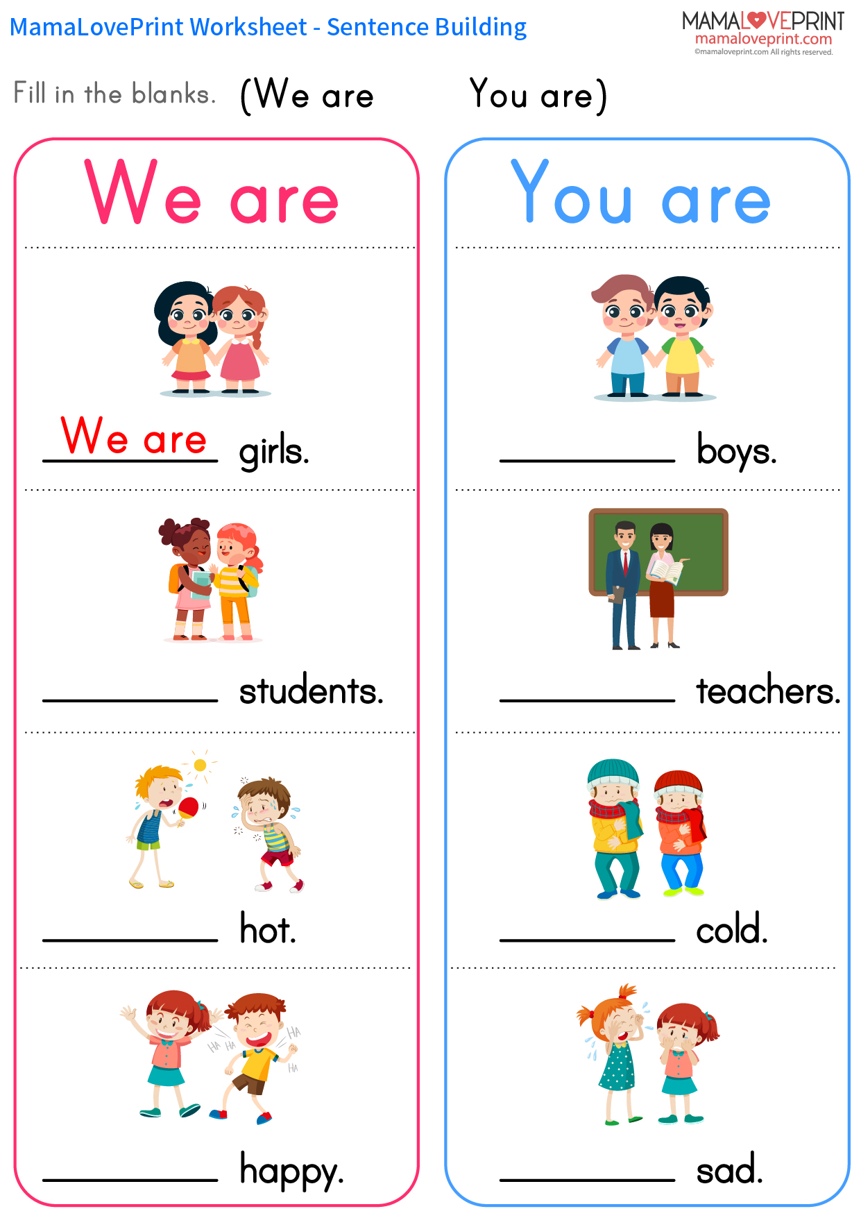 MamaLovePrint 自製工作紙 - 英文句子 I am / You are / We are 幼稚園工作紙 I am / You ...