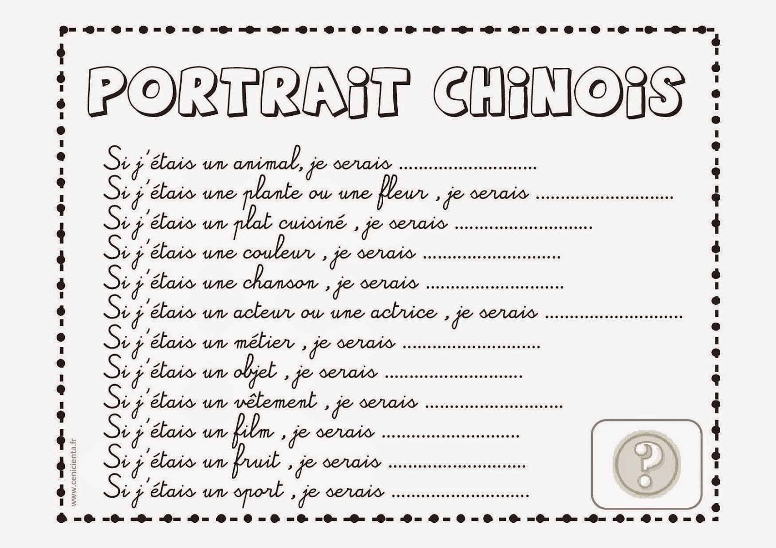 FLE en vrac!: Portrait chinois - Si j'étais...