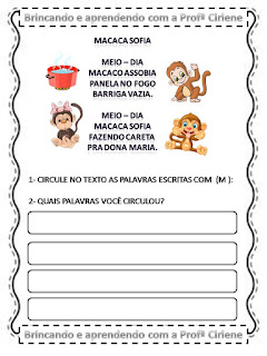 Aprendendo Com a Prof.Cirlene: SEQUÊNCIA DE ATIVIDADES COM PARLENDA: MEIO-DIA MACACA SOFIA (LETRA M)