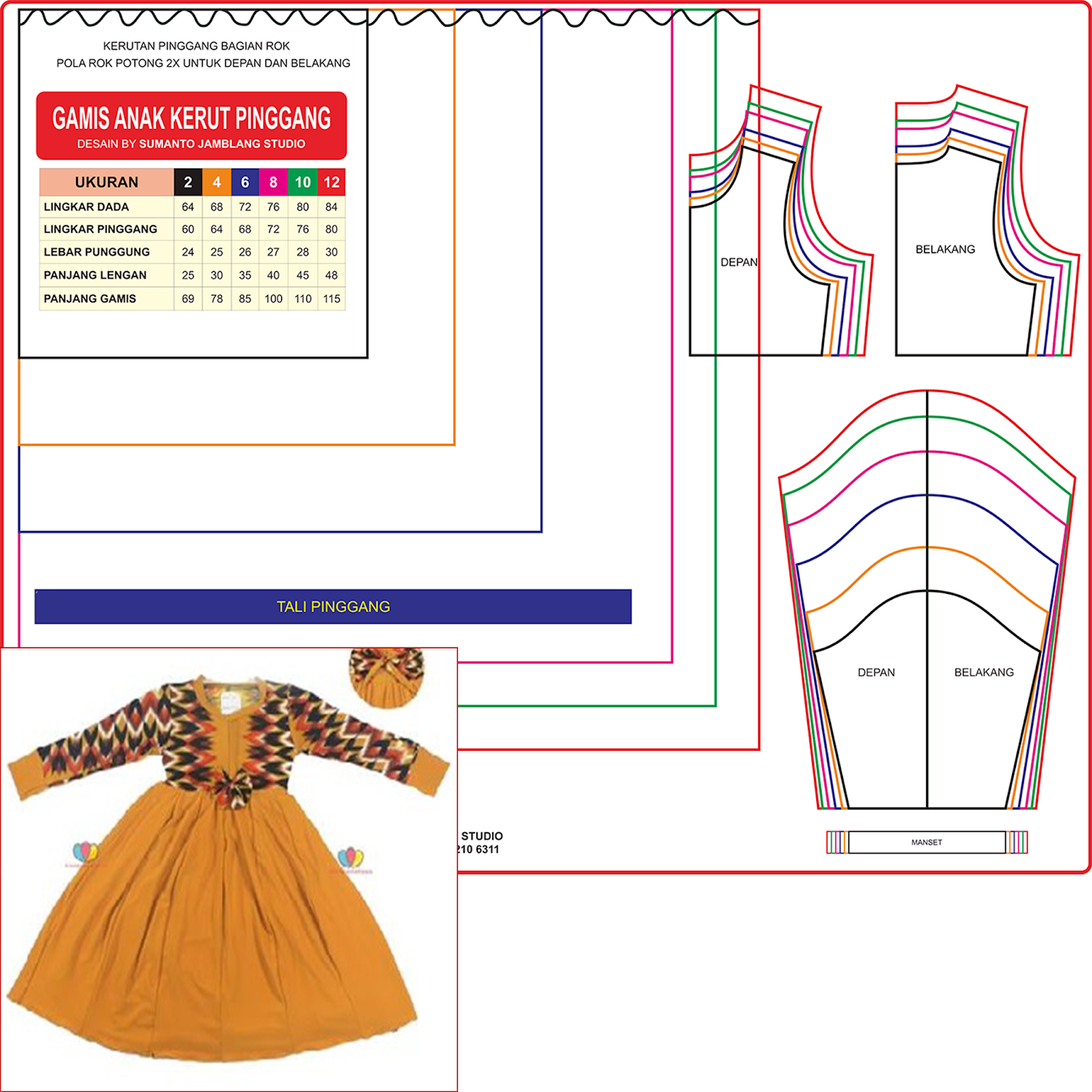 Pola Jiplak Gamis Anak Kerut Pinggang Usia 2 ~ 12 tahun - JAMBLANG STUDIO