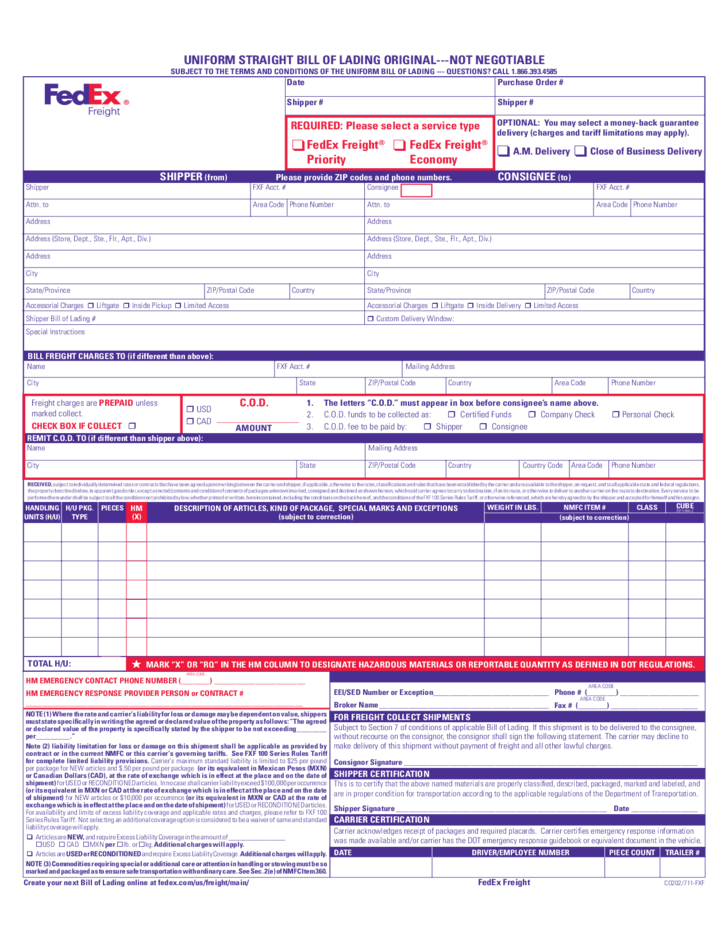 Fedex Blank Bill Of Lading - Invoice Template