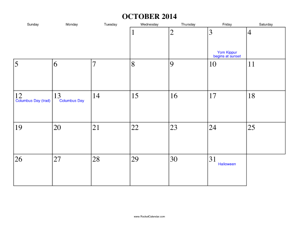 October 2014 Calendar Printable - Printable Calendar 2014, Blank ...