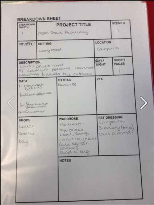 Curtis' Media Blog: Scene Breakdown Sheets