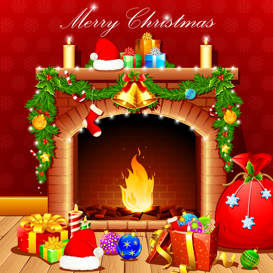 Bezierinfoベジェインフォ 暖炉を囲むクリスマス飾りの背景 Beautiful Christmas Background