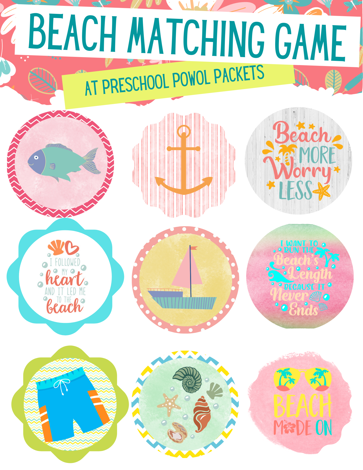 FREE Beach Preschool Matching Game | Preschool Powol Packets