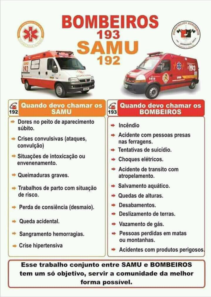 Essa mensagem vale a pena ver!!!: Quando chamar o SAMU ou os BOMBEIROS...
