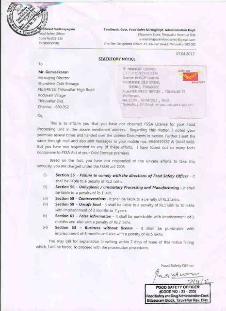 FOOD SAFETY LATEST: FSO STATUTORY NOTICE TO FBO