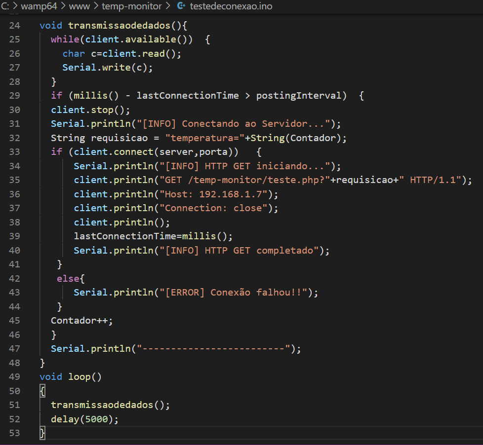 Figura 9: código que testa a conexão do Arduino com o servidor (segunda ...
