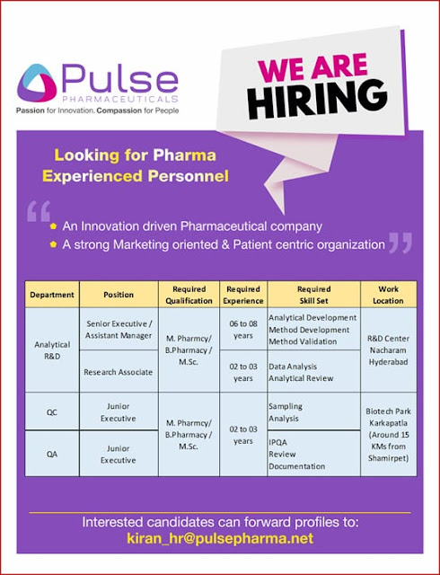 PULSE PHARMACEUTICALS - Openings for Experienced in Analytical R&D, Quality Assurance, Quality ...