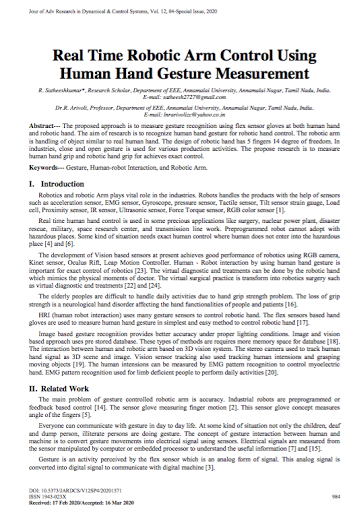 Real Time Robotic Arm Control Using Human Hand Gesture Measurement