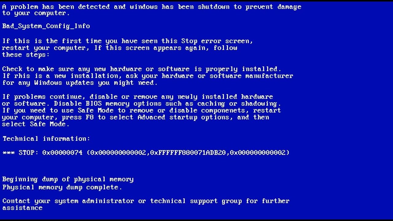 BAD_SYSTEM_CONFIG_INFO Error en Windows 7