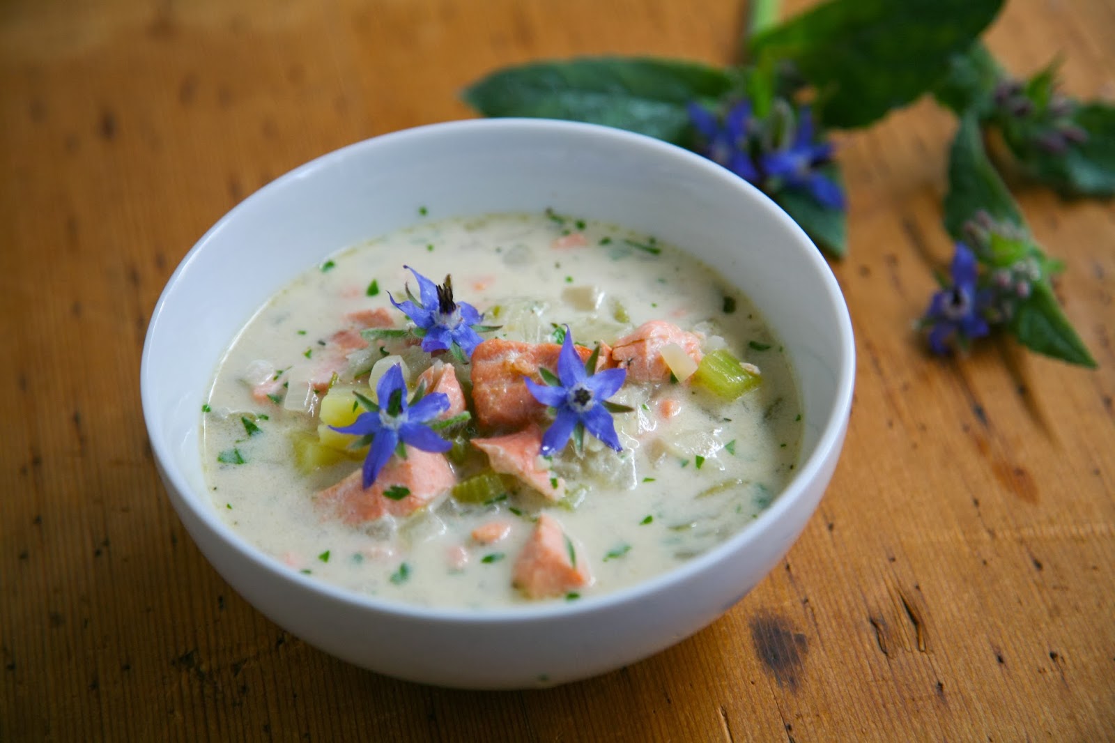 Suited To The Seasons: Salmon Chowder With Borage Flowers