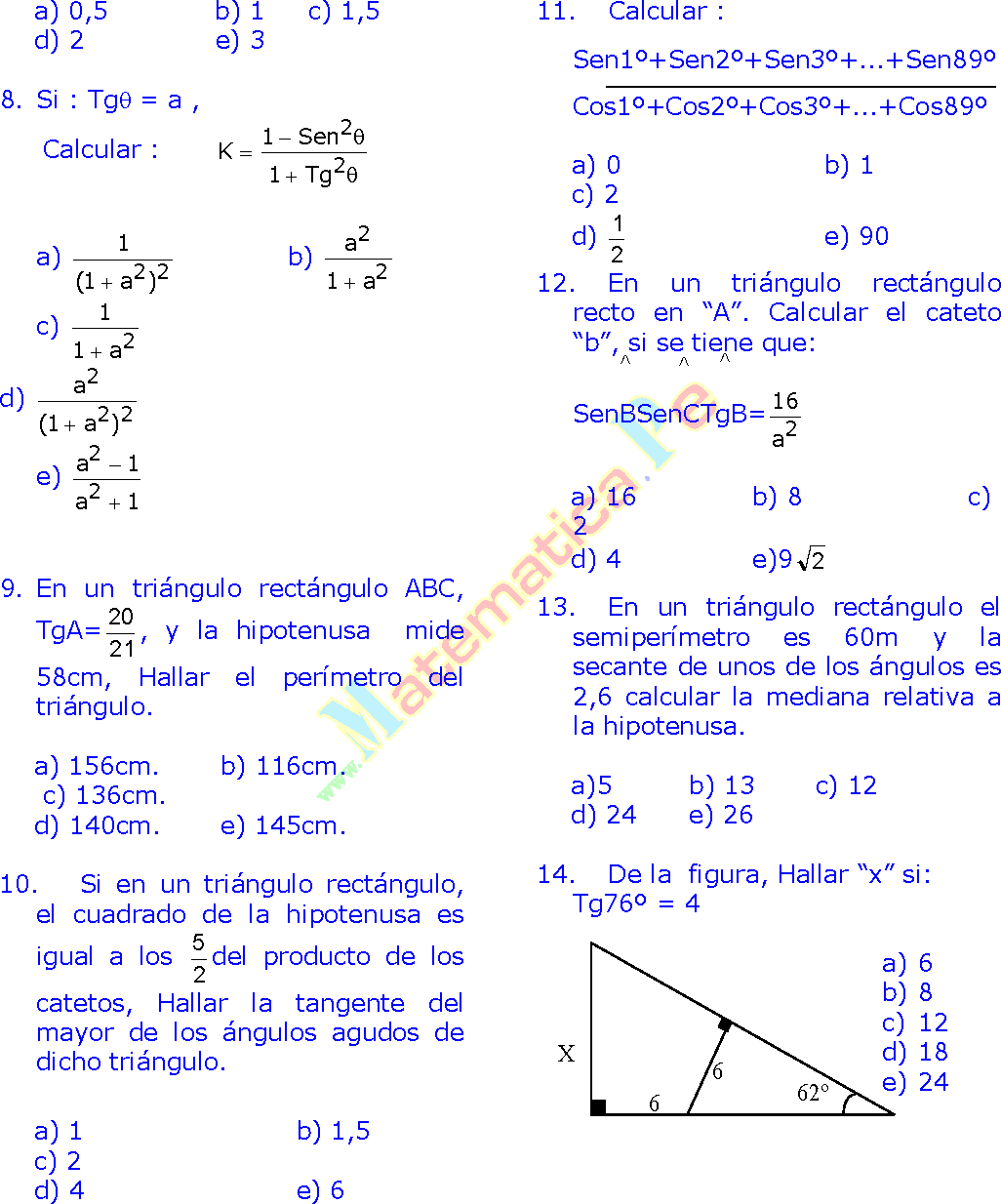 Ejercicios de razones trigonométricas en triángulos rectángulos resueltos de secundaria y ...
